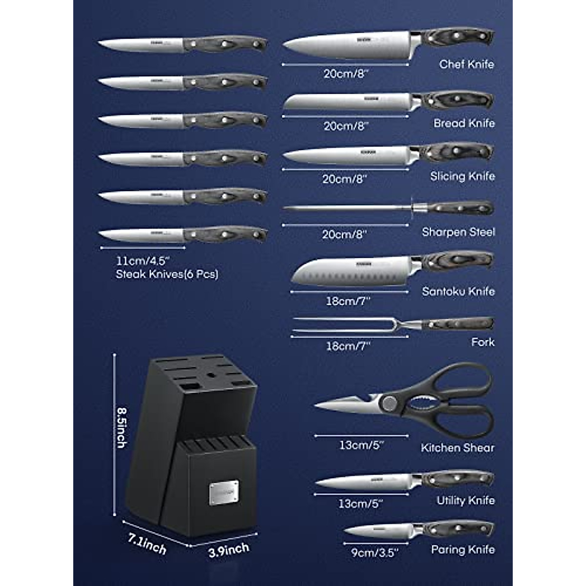 Knipan Kitchen Knife Set with Block, 16 Pieces Professional Stainless Steel Forged Chef Knife Block Set, Ultra Sharp Knives with Wood Handle, Black