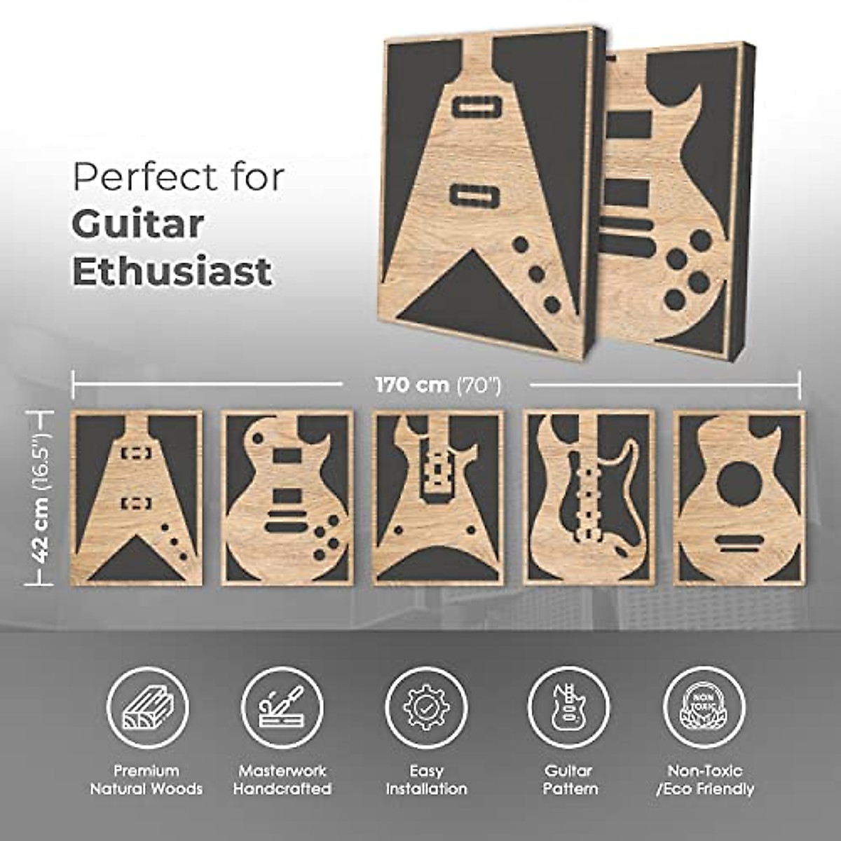 Arrowzoom 1 Set Diffuse PRO Guitar Acoustic Wooden Panel Home Decor Wall Art Panels Soundproof Studio Recording Sound Dampening Insulation Emergy-Saving Wood Wooden Finish 16.5x66.9in AZ1328