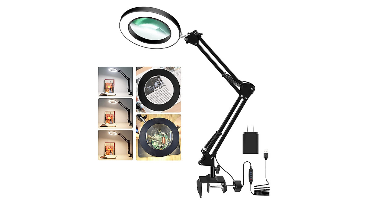 LED Magnifying Desk Lamp with Clamp - Adjustable, 3 Color Modes & Dimmable