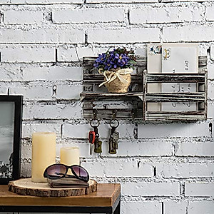 MyGift Wall Mounted Wooden Entryway Mail Holder and Key Organizer Rack with Rustic Torched Wood Finish, 3 Key Hooks and Decorative Display Shelf
