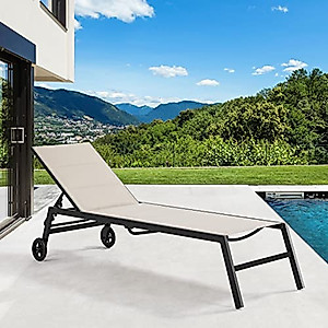 Yaheetech Patio Chaise Lounge, All Weather Outdoor Lounge with Wheels, Five-Position Adjustable Recliner for Patio Pool Beach Yard(1PC Beige)