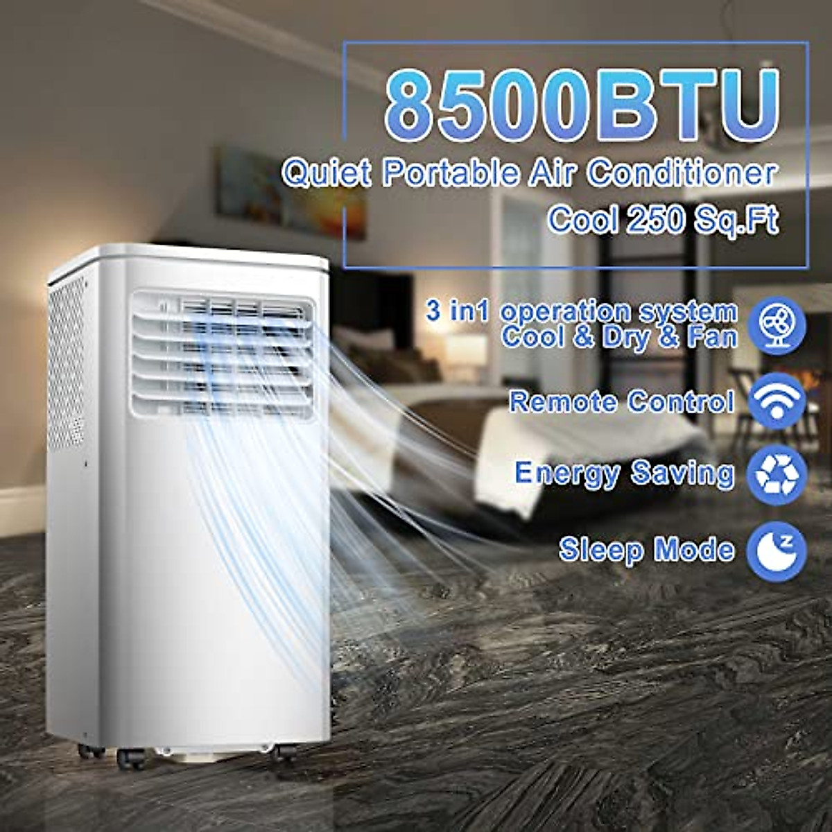 Antarctic Star Portable Air Conditioner 8500 BTU (ASHRAE), Remote Control, Fan Mode, Cools 250sq. ft, 24 Hour Timer, Quiet Operation,Window Fan, 2 Fan Speed for Bedroom Office Home Dorm