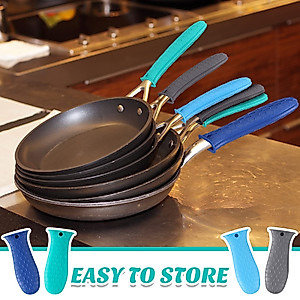 4 Pcs Silicone Hot Handle Holder Heat Resistant Silicone Handle for Cast Iron Skillet Pan Handle Sleeve Handle Cover for Cookware, Green, Grey, Lake Blue, Dark Blue