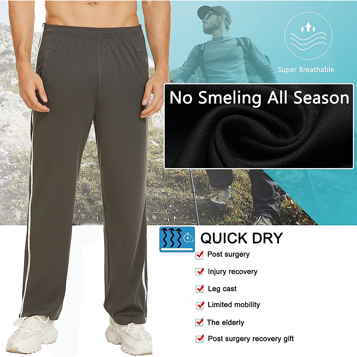 Deyeek Mens Tear Away Basketball Pants 2 Side Zippers Snap Off Full Open Down Sweatpants Leg Post Surgery Pant with Pockets Grey