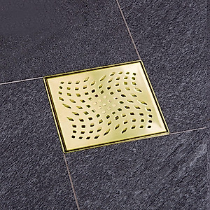 Gold Brushed Shower Drain with Flange, HIDROP SUS 304 Stainless Steel 6 inch Square Shower Floor Drain with Removable Hair Strainer
