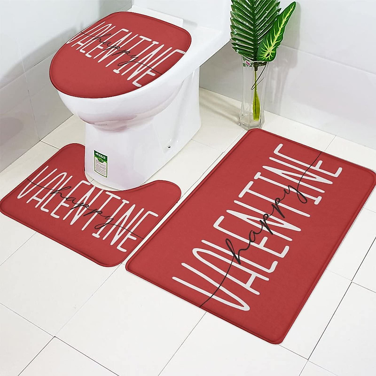 Royalours Valentines Day Kitchen Rugs Set of 3,Valentines Anniversary Wedding Holiday Red Happy Valentine Day Quote Words Decorative Low-Profile Mats for Home Kitchen Bathroom Rug