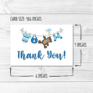 24 Blue Clothesline Baby Shower Thank You Cards With Envelopes, Boy Sprinkle Thank-You Note, 4x6 Gratitude Card Gift For Guest Pack, Gender Reveal DIY So Grateful Varied Little Onesie Event Stationery