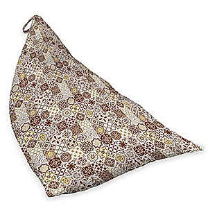 Lunarable Ethnic Lounger Chair Bag, Portuguese Azulejo Mosaics with Floral Scrolls Retro Mediterranean, High Capacity Storage with Handle Container, Lounger Size, Chocolate Earth Yellow