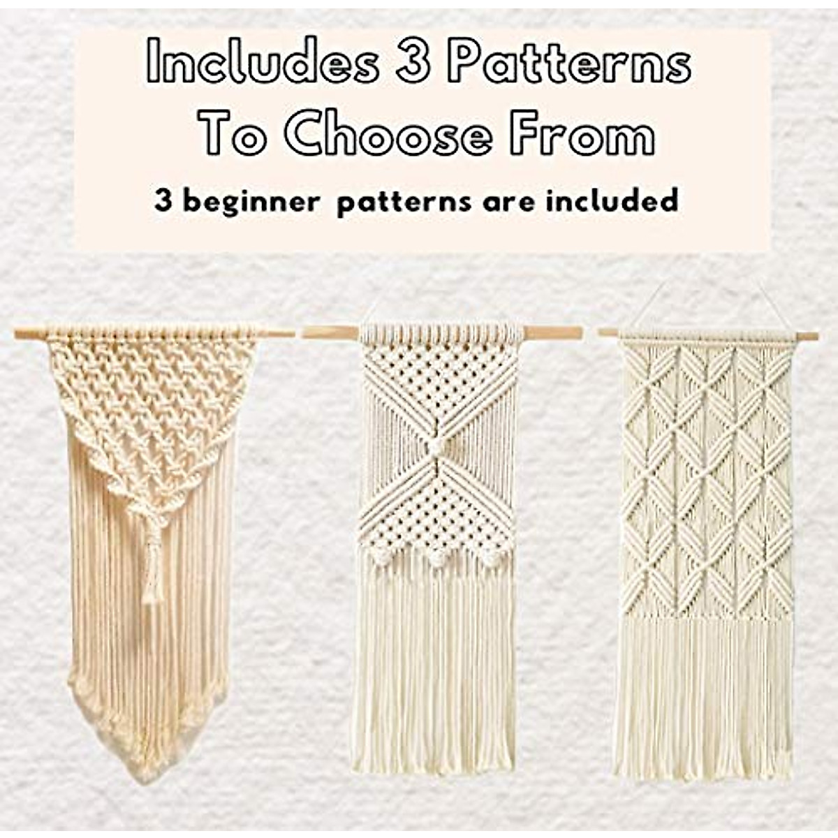 DIY Macrame Wall Hanging Kits, 3 Patterns Macrame DIY Wall Hangers for Beginners, Home Decor with 200 Meters Macrame Cord, 3 PCS Wooden Dowels and Instruction Booklet for Macrame Starters