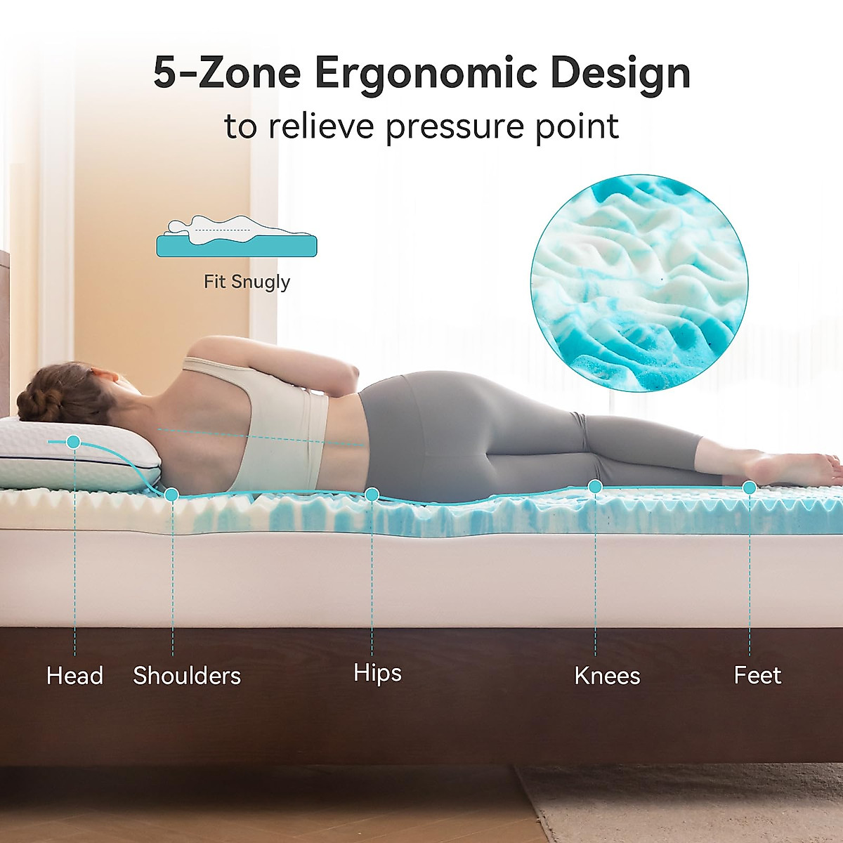 2 Inch Gel Memory Foam Mattress Topper Queen Size - Cooling Comfort for Back Pain Relief, CertiPUR-US Certified, Breathable Blue Design