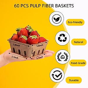 PARBEE 60 Pack Pulp Fiber Berry Basket, Molded Containers Vented for Strawberry Blueberry Raspberry Grape Cherry, Small Farmer Market Produce Basket Containers