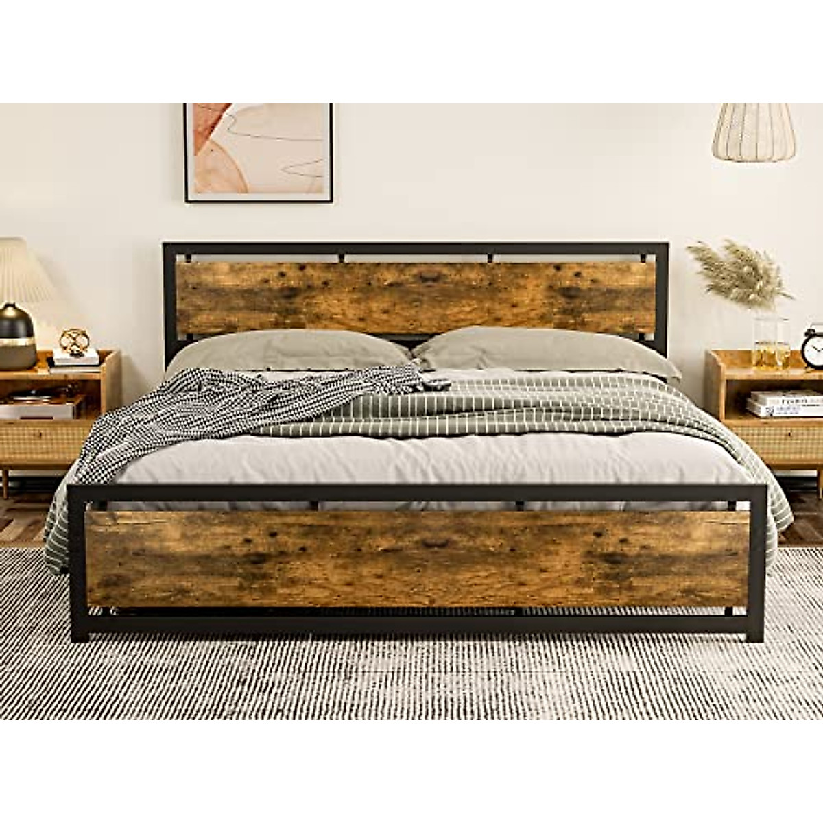 IKIFLY Industrial Metal King Size Bed Frame/Farmhouse Metal Platform Bed with Wooden Headboard Footboard/Heavy Duty Steel Slats Support/No Box Spring Need, Easy Assembly（King, Rustic Brown）