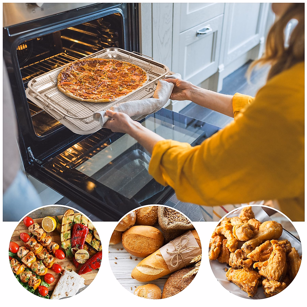 Air Fryer Basket for Oven 2 Set Stainless Steel, Air Fryer Accessories Oven Rack and Crisper Tray, Bacon Cooker Broiler Pan for Oven, Bakeware Sets Oven Rack-2-Set Large & Medium