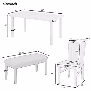 Zaboro 6-Piece Dining Table Set for 6 People, Wooden Kitchen Table Set with Marble Veneer Table and 4 Flannelette Upholstered Dining Chairs & Bench, Rustic Style Family Furniture, for Kitchen, Gray