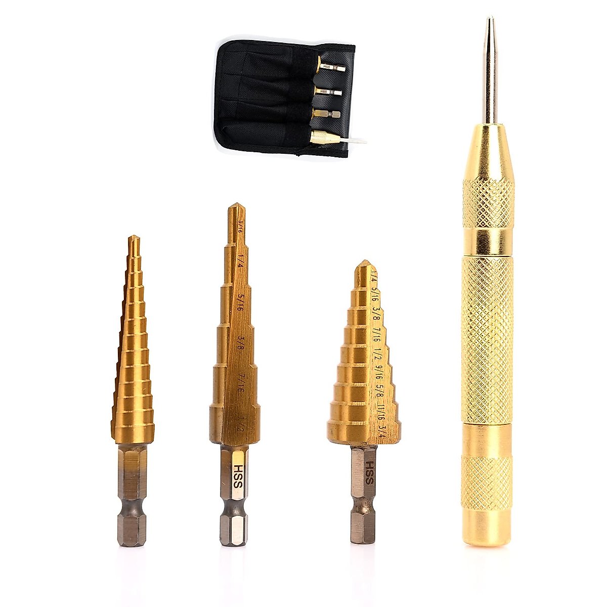 Sinoprotools Step Drill Bit & Automatic Center Punch,3pcs HSS Titanium Step Drill Bit Set, Quick Change 1/4" Shank Step Bit,Unibit Step Bits for Plastic, Wood, Sheet Metal Hole Drilling