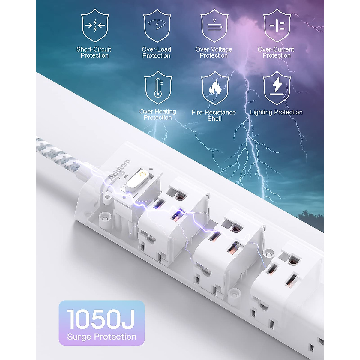 Addtam Surge Protector Power Strip - 12 Outlets & USB, 10ft Cord