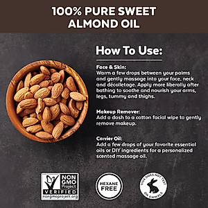 Sweet Almond Oil for Skin - Body Oil, Hair Moisturizer and Relaxing Massage and Oil, Carrier Oil for Essential Oils Mixing, Non-Greasy Pure Sweet Almond Oil for Hair and Skin, 16 fl oz