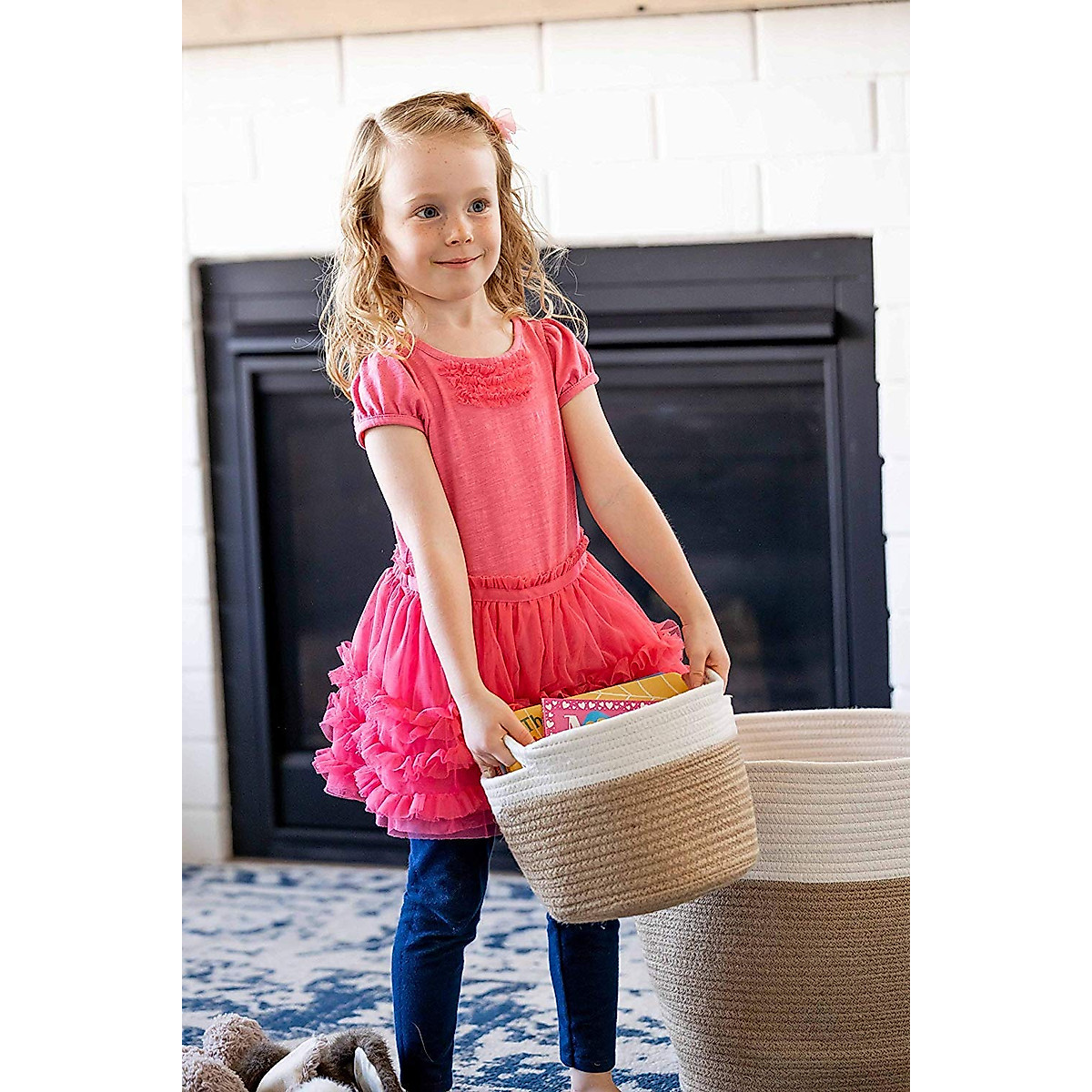 Little Hippo 2pc Large Cotton Rope Basket, White (16"x15") 100% Natural Cotton! Laundry Basket, Woven Storage Basket, Blanket Basket Living Room, Toy Storage Basket, Pillow Basket, Round Basket