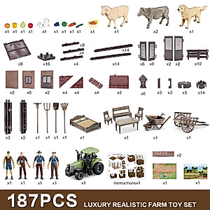 Lucky Doug Farm Animal House Toys Playset for Kids Toddlers Ages 3-8, 187 PCS Farm Building Toys Farmhouse Figures Pretend Play Set with 4 Animals, 4 Figures, A Tractor, 11" L x11 W x 14" H