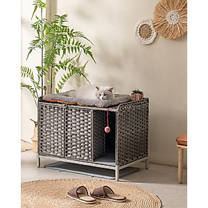 SETVSON Cat Litter Box Enclosure Cat Litter Box Furniture with Divider, Rattan Litter Box Enclosure with Cat Litter Mat, 31.2×19.6×24.2 Inches Hidden Cat Litter Box Cat House for Living Room (Gray)