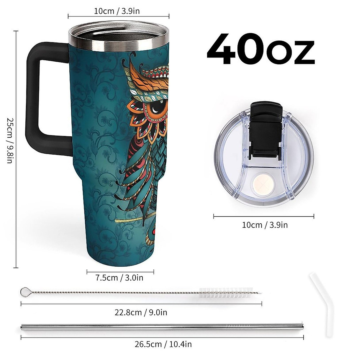Niapessel Leak Proof Tumbler, Insulated Water Bottles with Straw, Owl Ethnic Insulated Cup with Handle 40 Oz Stainless Steel Flask for School, Travel, Car, Sports, Work