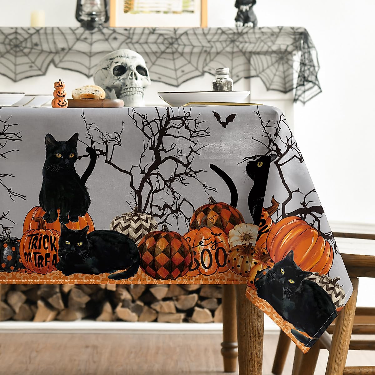 Horaldaily Halloween Tablecloth 60×84 Inch Rectangular, Buffalo Plaid Pumpkin Moon Cat Washable Table Cover for Party Picnic Dinner Decor
