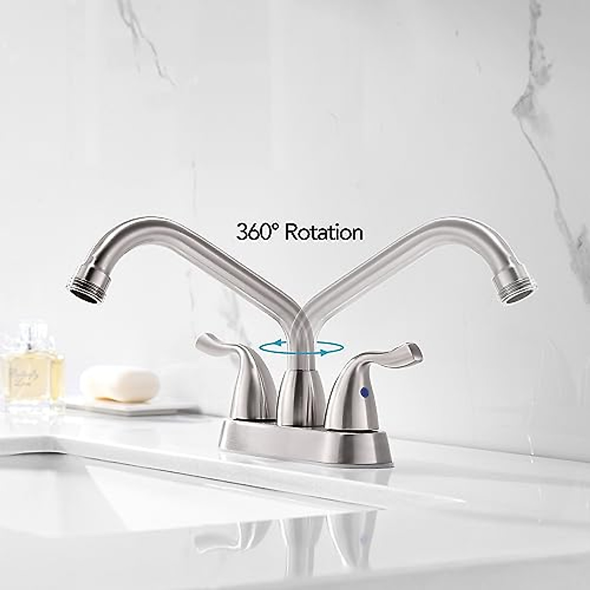 Phiestina Brushed Nickel Utility Sink/Laundry Faucet, 4 Inch Centerest 2 or 3 Hole Rotatable Swivel 360° Spout with Threaded End, with Water Supply Line, BF25-7-BN