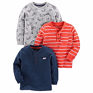 Simple Joys by Carter's Boys' Toddler 3-Pack Long Sleeve Shirts, Grey Dogs/Navy Heather/Red Double Stripe, 2T