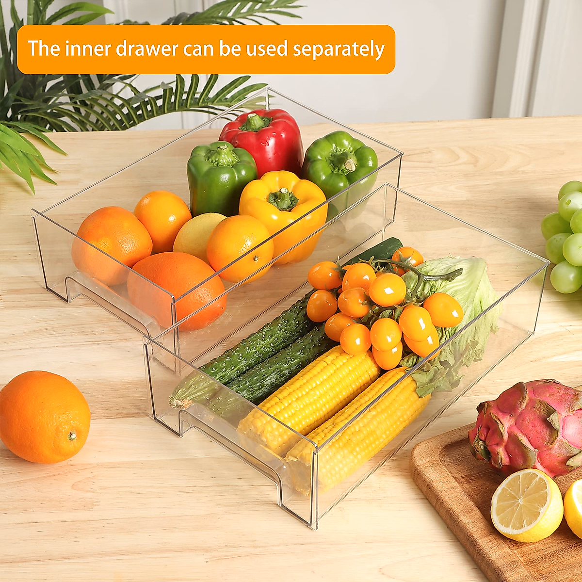 Moretoes 2 Pack Fridge Organizer Bins, Fridge Drawer Organizer Stackable Pull Out Storage Bins for Storage Clear for Food, Drinks, Vegetable Storage, Medium