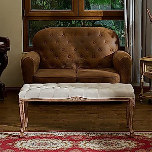 VONLUCE French Vintage Bench with Padded Seat & Rubberwood Legs, 44" Upholstered Entryway Bench & Dining Bench, Tufted Fabric End of Bed Bench for Bedroom Living Room Hallway More, Beige