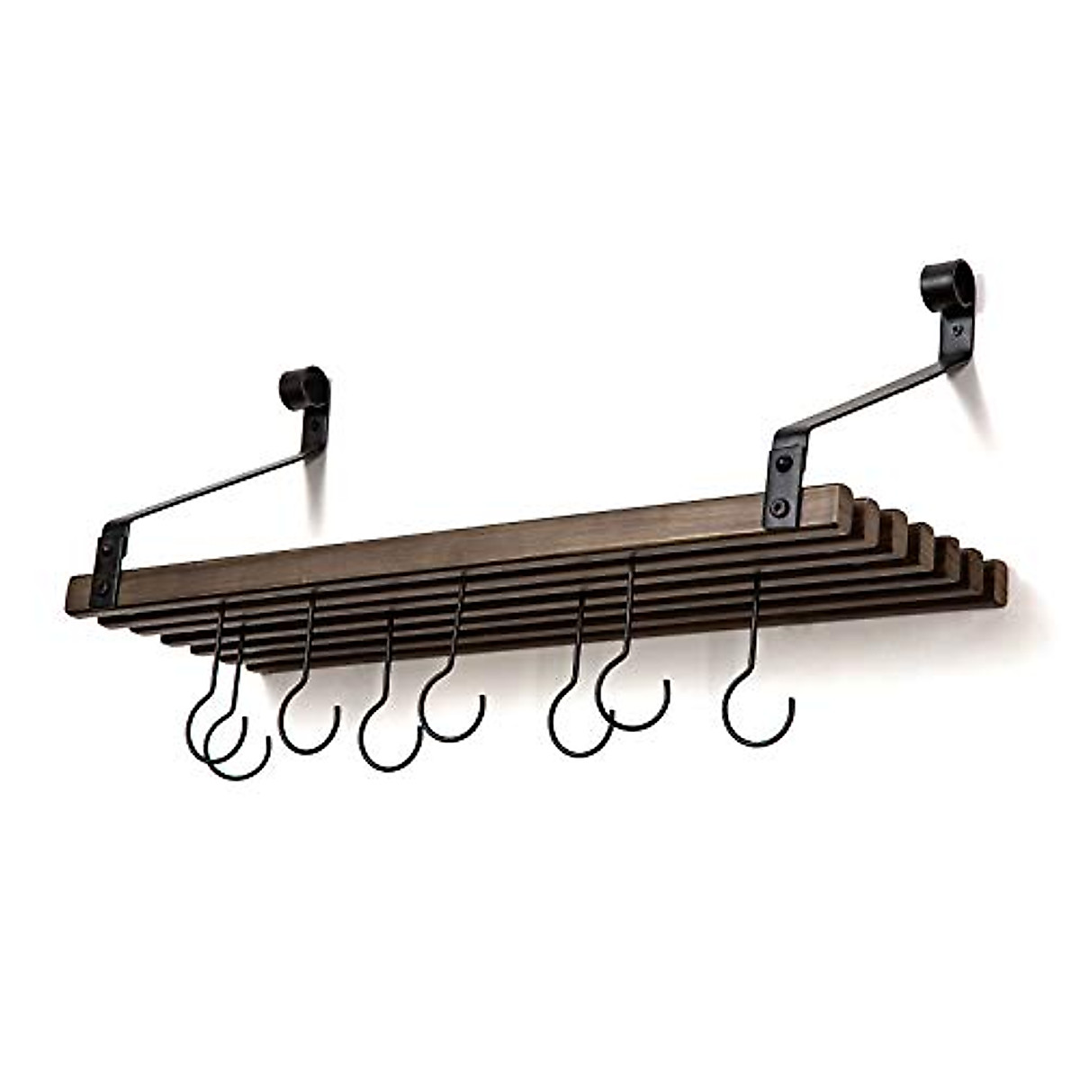 Soduku Pot Pan Rack with Solid Wood Shelf, Wall Mounted Multifunctional Kitchen Hanging Organizer with 8 Hooks for Pots Pans Lids Utensils Cookware Brown