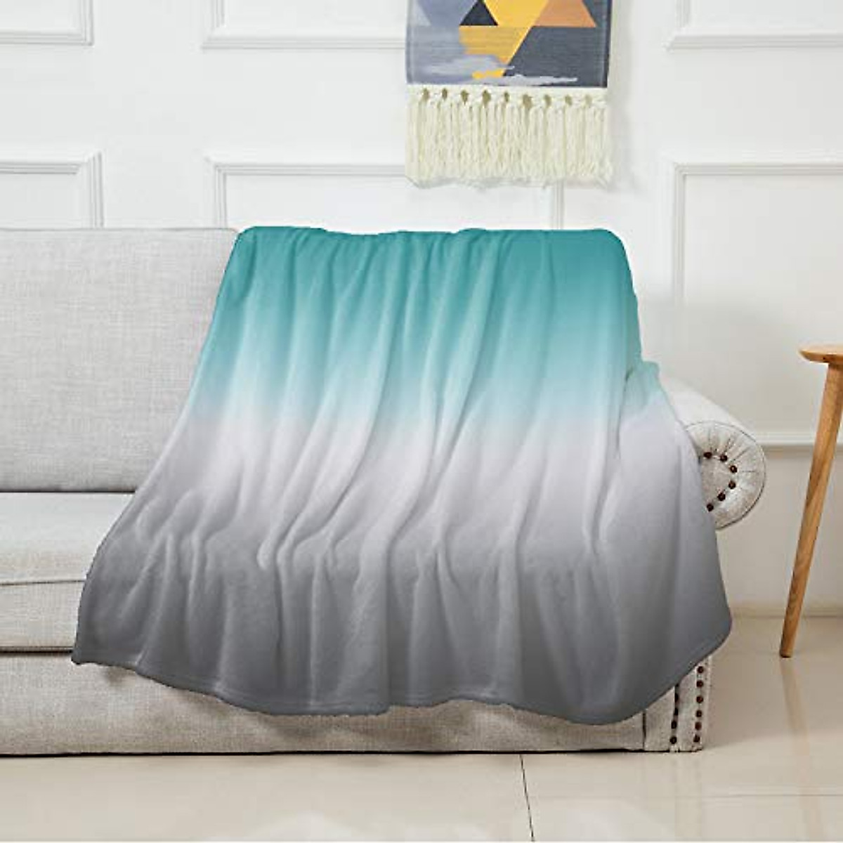 Teal Grey Graident Farmhouse Throw Blanket Flannel Fleece Blanket, Lightweight Blanket for Women Adult Girl, Baby - Microfiber Nap Blanket for Couch, Bed, Sofa - 60" x 50" Rustic Ombre Turquoise Gray