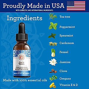 GuruNanda Concentrated Mouthwash, Helps with Bad Breath, Promotes Teeth Whitening, Made with 100% Natural Essential Oils, 1 Bottle Equals 300 Rinse, Fluoride-Free - Mint Flavored (2 oz)