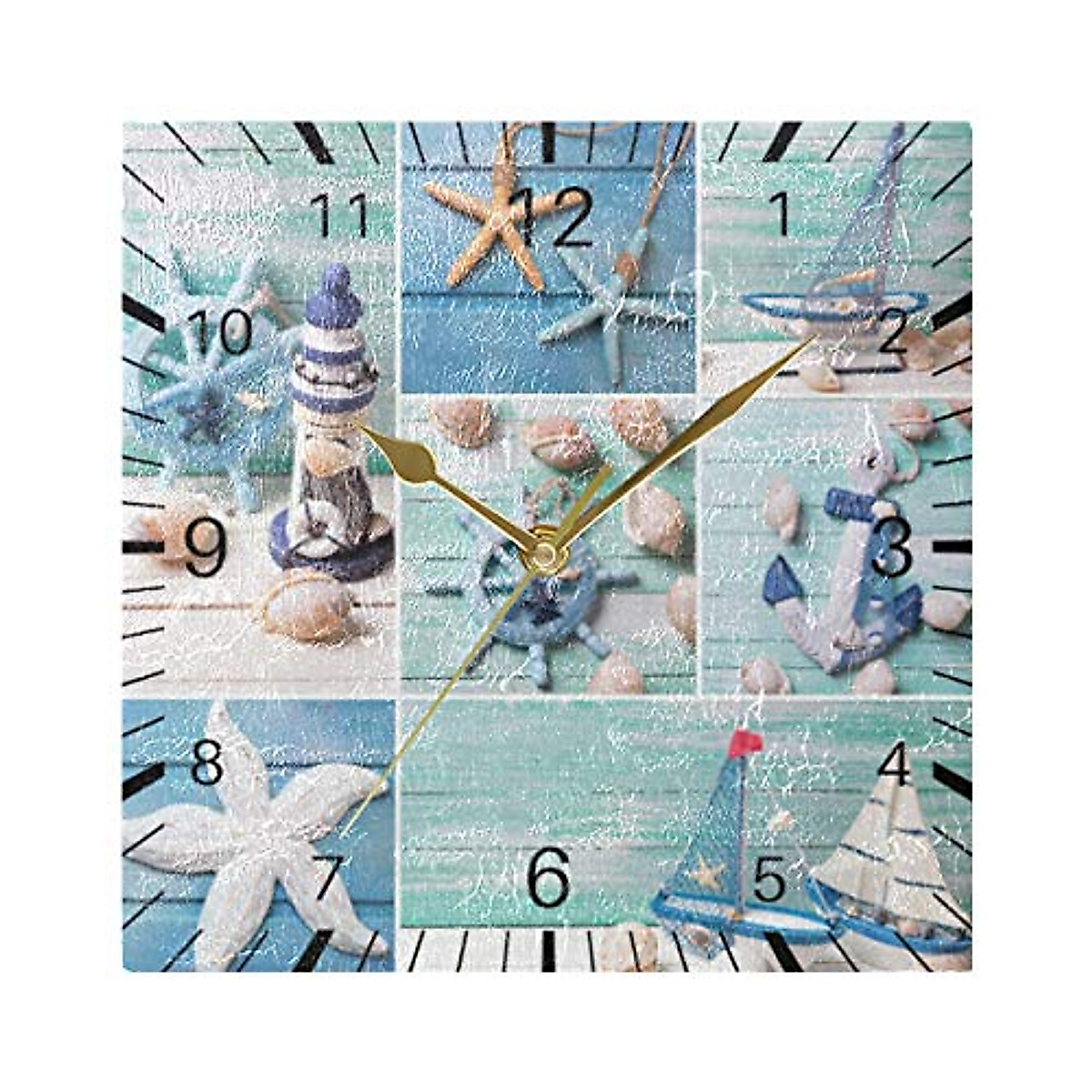 ALAZA Sea Anchor Lighthouse Ship's Wheel Ocean 7.9 Inch Square Wall Clock Battery Operated Non-Ticking Silent Quartz for Kitchen Home Living Room Office Bedroom(Black Pointer)