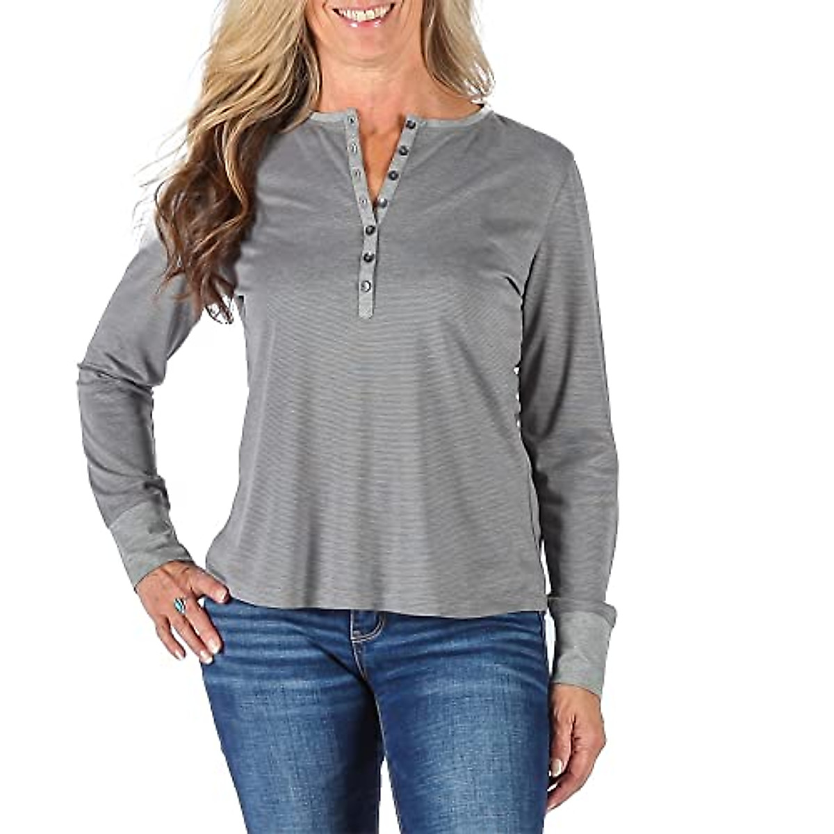 The Celtic Ranch Women's Long Sleeve Waffle Knit Henley, Crew Neck That Buttons Open to V-Neck, Contrast Fabric Sleeve Cuffs (Grey, Small)