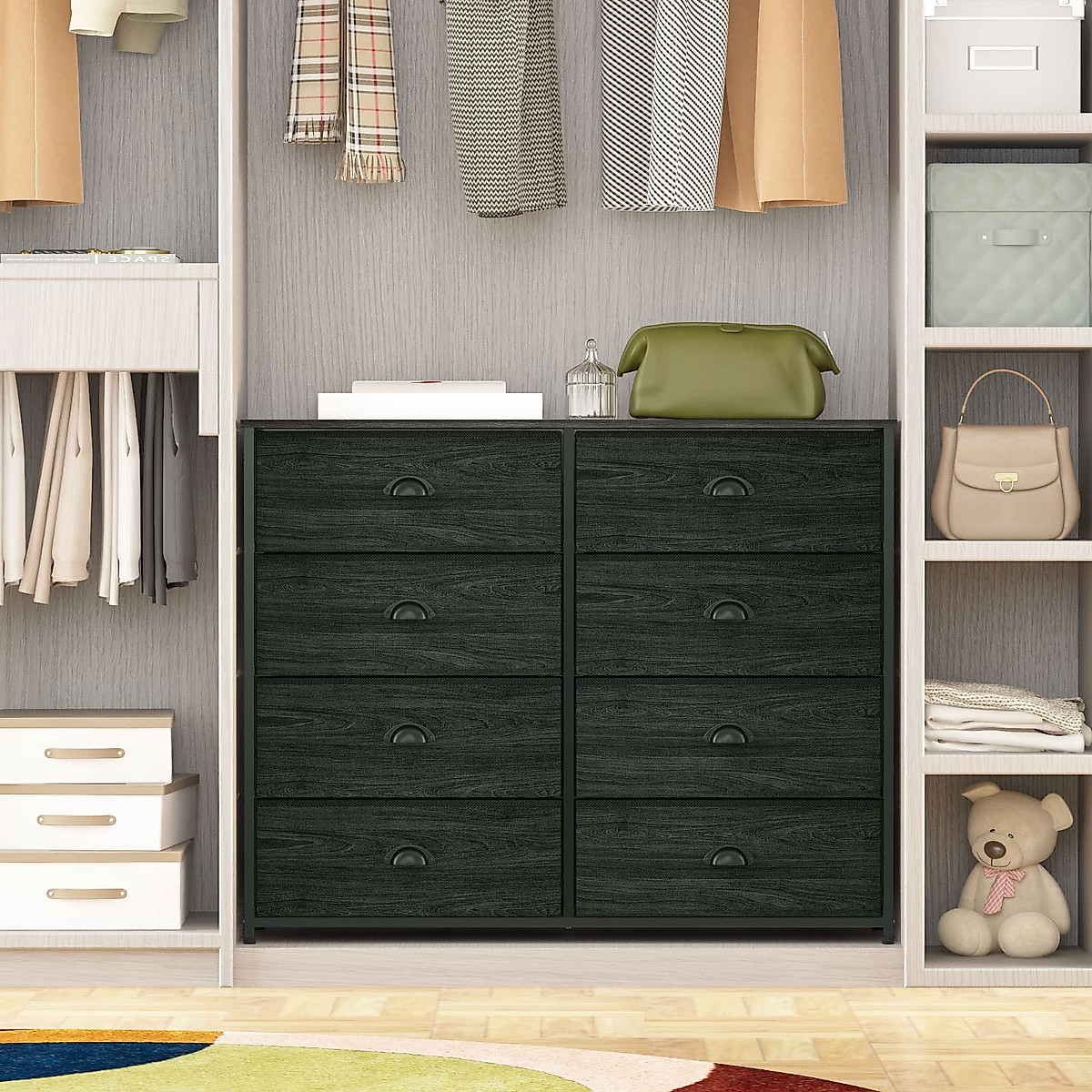 Furnulem 8 Drawer Dresser for Bedroom, TV Stand with Fabric Bins for 50'' TV, Large Chest of Drawers for Bedroom, Office, Dorm, Closet, Kids Room, Sturdy Metal Frame & Wood Top (Black Oak)