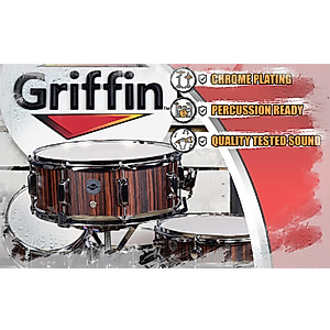 Snare Drum by GRIFFIN | 14" x 5.5" Black Hickory PVC & Coated Head on Poplar Wood Shell | Acoustic Marching Percussion Instrument Set, Drummers Key, 8 Metal Tuning Lugs & Snare Strainer Throw Off Kit