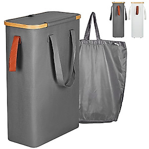 yamagahome Slim Laundry Basket with lid, Collapsible Narrow Laundry Hamper with Removable Washable Laundry Bag, Thin Hamper Storage Basket Made of Bamboo and Oxford for Bedrooms, Bathroom, RV, 52L