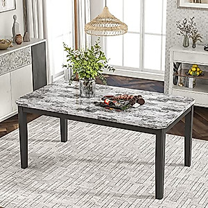 DHHU Furniture, 7-Piece Dining 1 Faux Marble Top Upholstered-Seats, Kitchen Table Set for 6, Black