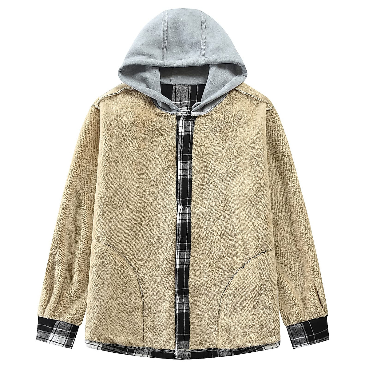 Derbars Men's Cotton Plaid Shirts Jacket Fleece Lined Flannel Shirts Sherpa Button Down Jackets with Hood for Men Black X-Large