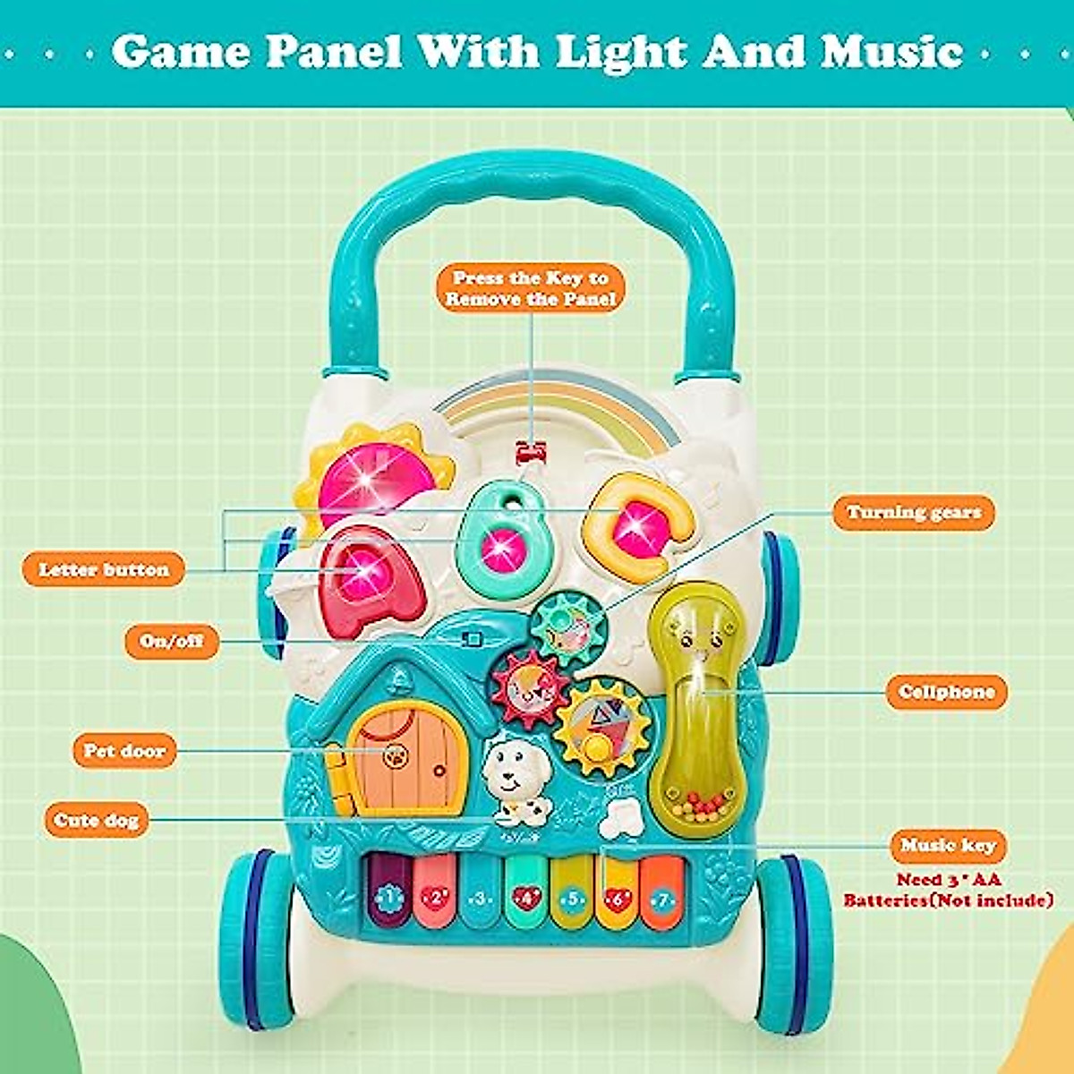 Sit-to-Stand Learning Walker 3 in1 Baby Walker Early Education Activity Center with Lights Sounds Music Phone Multifunctional Removable Play Panel Educational Push Toy Gift for Boys Girls
