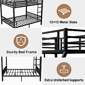 Mirightone Queen Over Queen Bunk Beds for Adults, Metal Bunk Bed Queen Size,Heavy-Duty Bunk Bed Frame with Ladder and Slats Support for Boys Girls,Space-Saving,Noise Reduced,Black