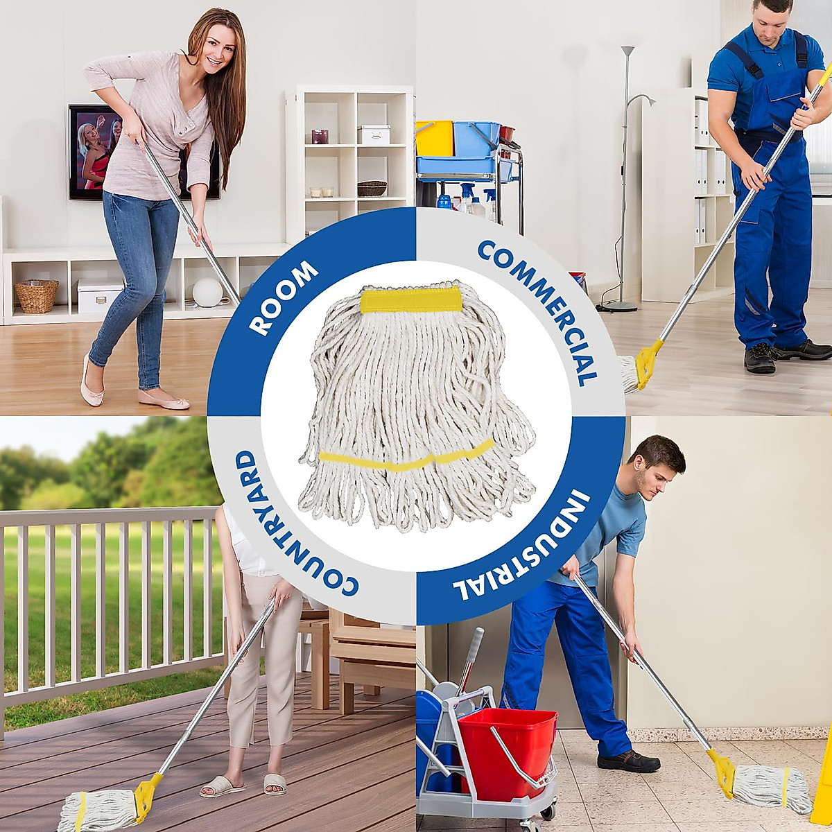 KULED Heavy Duty Industrial Mop, Commercial Mop with Long Handle, Cotton Mop with 2 Mop Heads, Looped-End String Wet Mops for Floor Cleaning, Workshop, Warehouse, Home and Garage