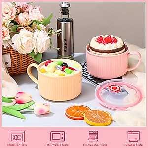 2 Pieces Ceramic Soup Bowls with Handles 30 oz Microwave Safe Bowl with Lid Microwavable Soup Mug with Lid Large Soup Cups for Ramen Noodle Cereal (Pink, Yellow)