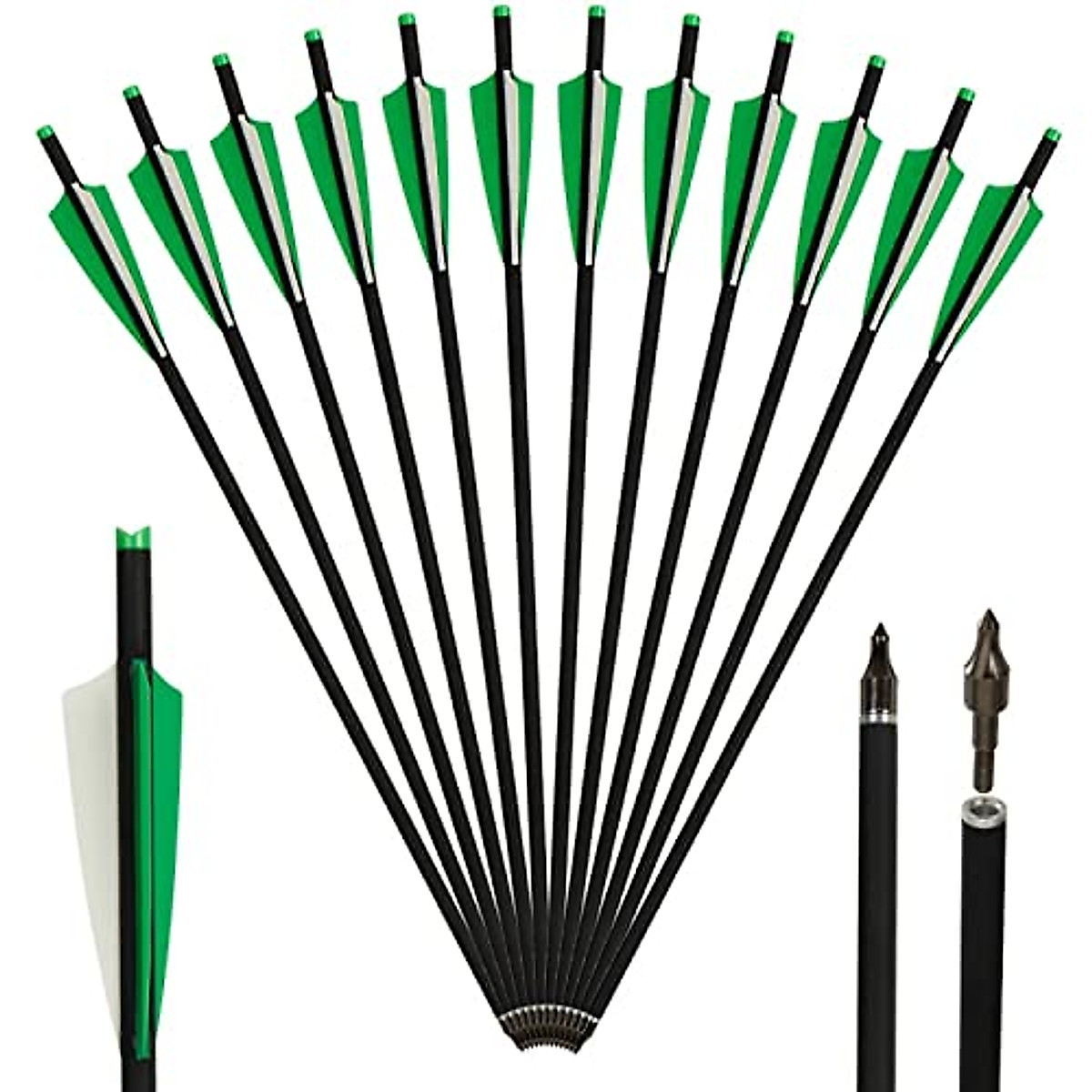 TOPARCHERY 12pcs Crossbow Arrows Crossbow Bolts 20 inch Hunting Archery Crossbow Carbon Arrows with 4 inch Vanes and Replaced Arrowhead/Tip (A Green white 20'')
