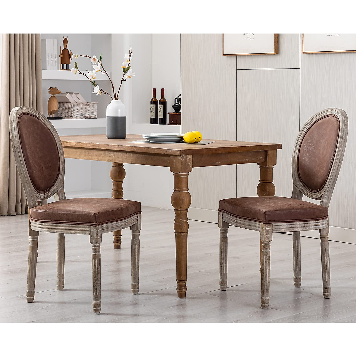 Kmax Farmhouse Dining Room Chairs, French Distressed Bedroom Chairs with Round Back, Brown Wood Legs Elegant Tufted Kitchen Chairs, Set of 2, Gray