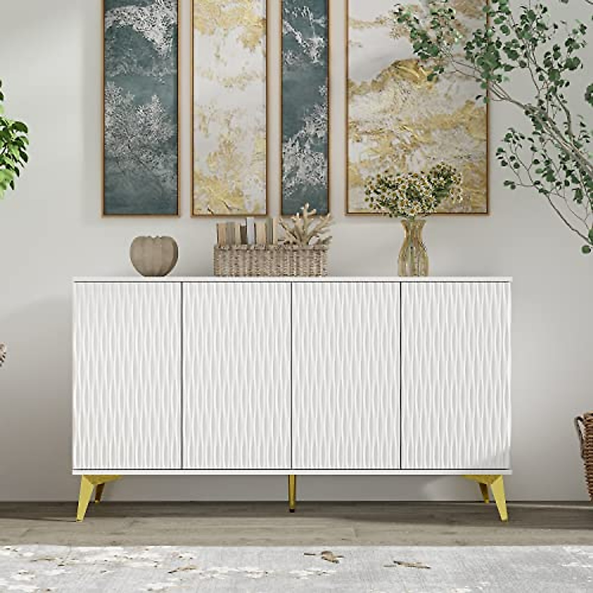 AIEGLE White Sideboard Cabinet, Modern 4 Pop-Out Doors Kitchen Buffet Storage Cabinet Console Tables, Entryway Cupboard Furniture with Adjustable Shelves & Metal Legs for Living Room