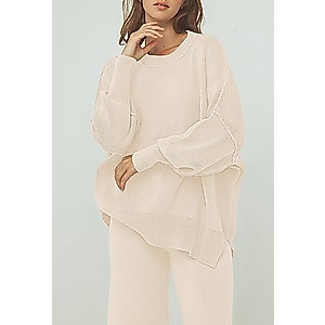 Linsery Womens Sweater and Pant Sets Batwing Sleeve Knitted Tops and Wide Leg Pants Comfy Set 2 Piece Knit Loungewear Tracksuit Apricot M