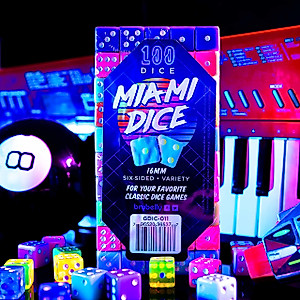 100-pack Miami Dice: Retro 80s 6-Sided Gaming Dice – 16mm Bulk d6 Dice in Translucent & Solid Colors for Family Game Night, Make Your Own/DIY Board Game Supplies, Replacement Pieces & Teaching Math