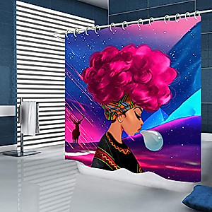 African American Woman Shower Curtains for Bathroom, 4PCS Bathroom Sets Include 1 Fabric Shower Curtain, 2 Non-Slip Bathroom Rugs and 1 Toilet Lid Cover, Black Girl Bathroom Decor (Red)